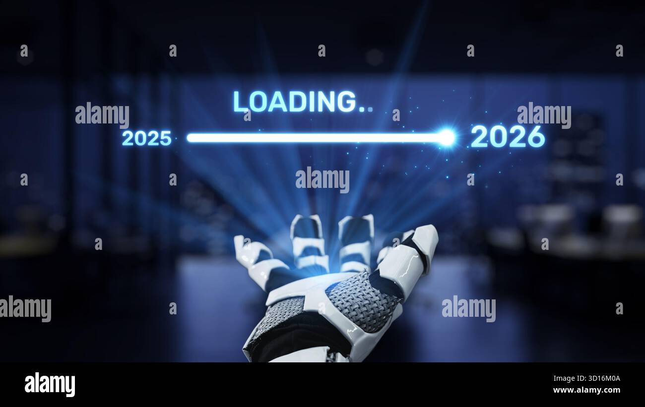 A futuristic robotic hand showcases a loading animation transitioning ...