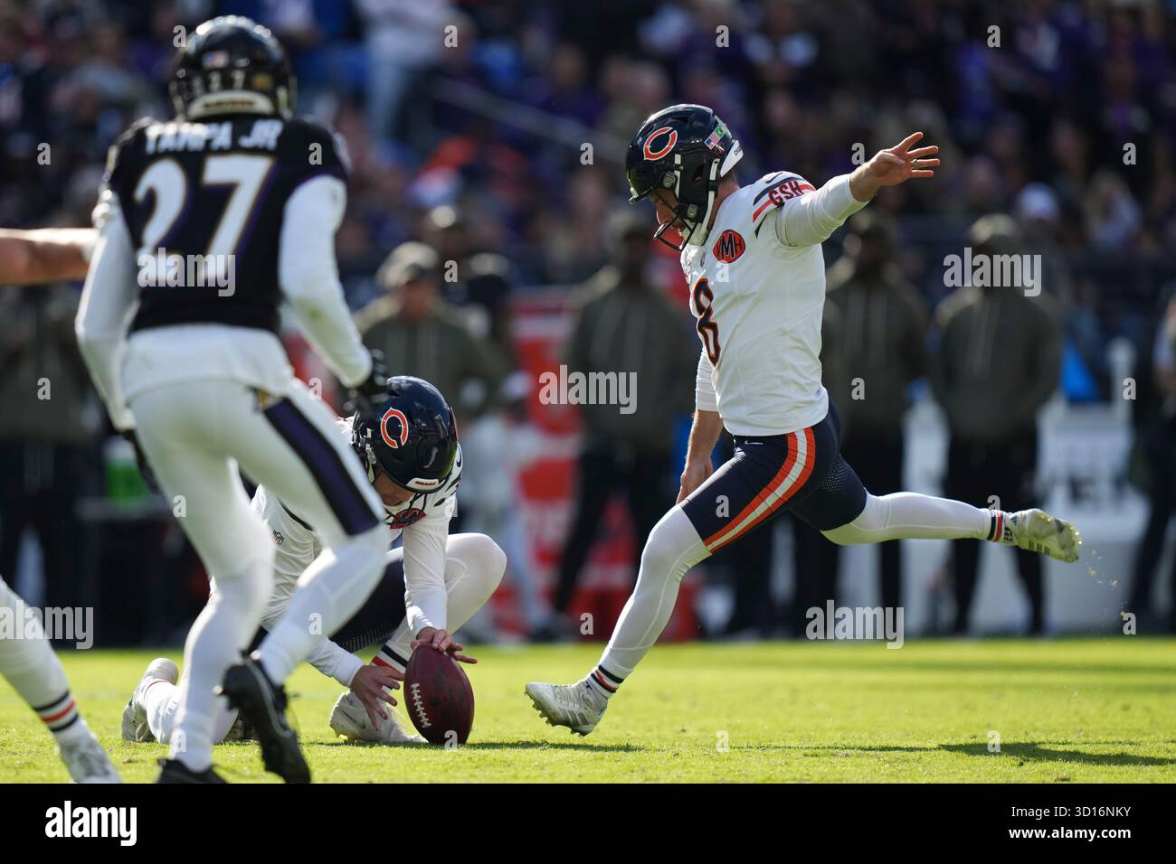 Chicago Bears place kicker Cairo Santos (8) kicks the extra point during the second half an NFL ...