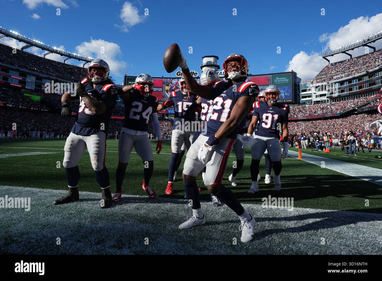 New England Patriots safety Jaylinn Hawkins (21) celebrates after ...