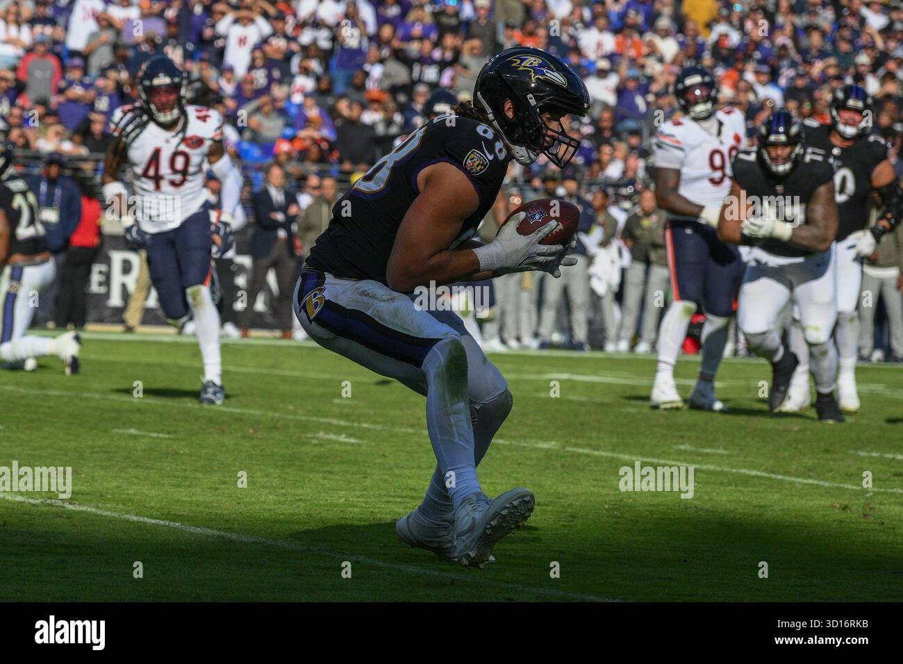 Baltimore Ravens tight end Charlie Kolar (88) catches the ball on his ...