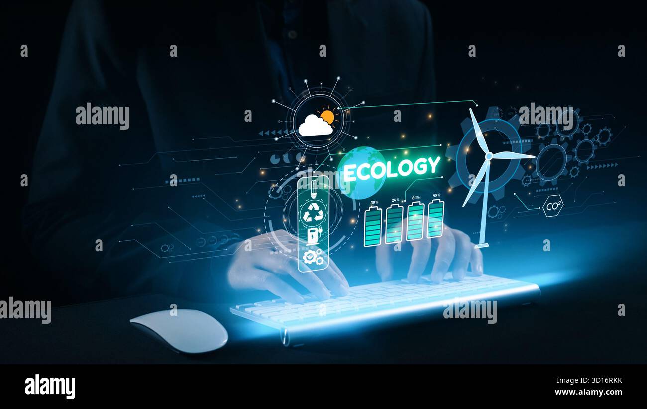 This image features a digital interaction with ecological themes ...
