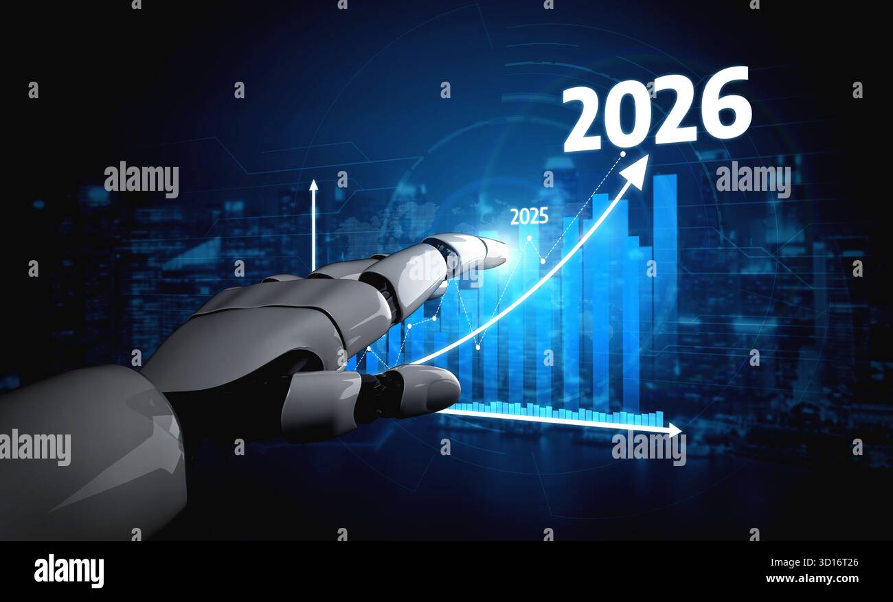 A futuristic robotic hand points towards a digital graph showing growth ...