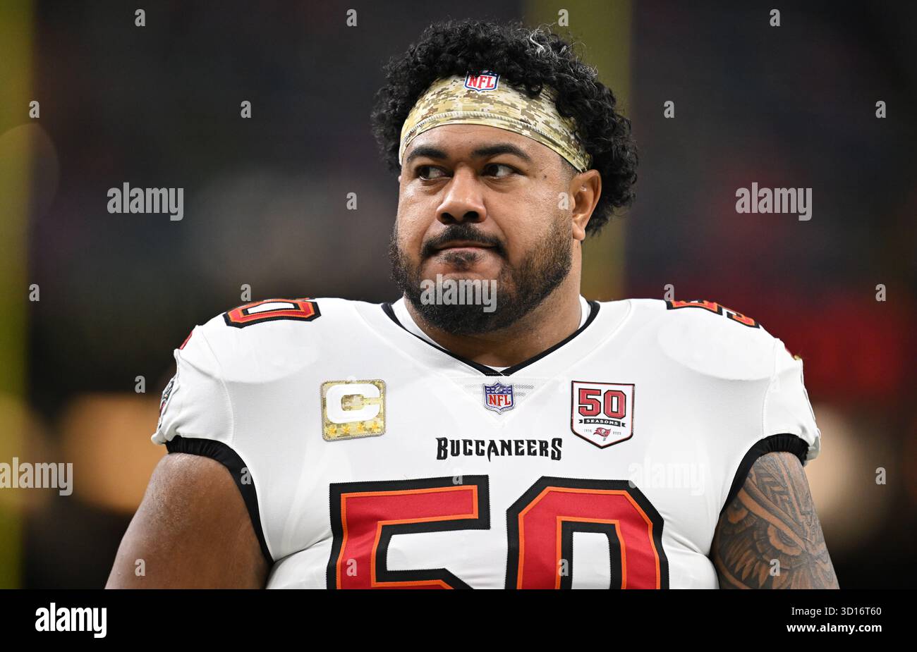 Tampa Bay Buccaneers defensive tackle Vita Vea (50) warms up before an ...