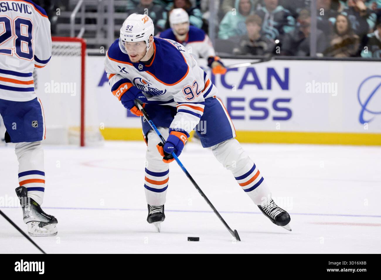 Edmonton Oilers right wing Vasily Podkolzin (92) skates with the puck ...