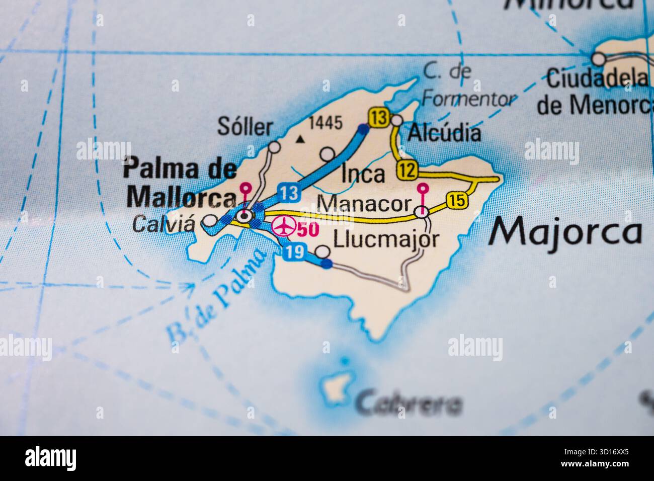Majorca island with cities and roads map closeup Stock Photo - Alamy