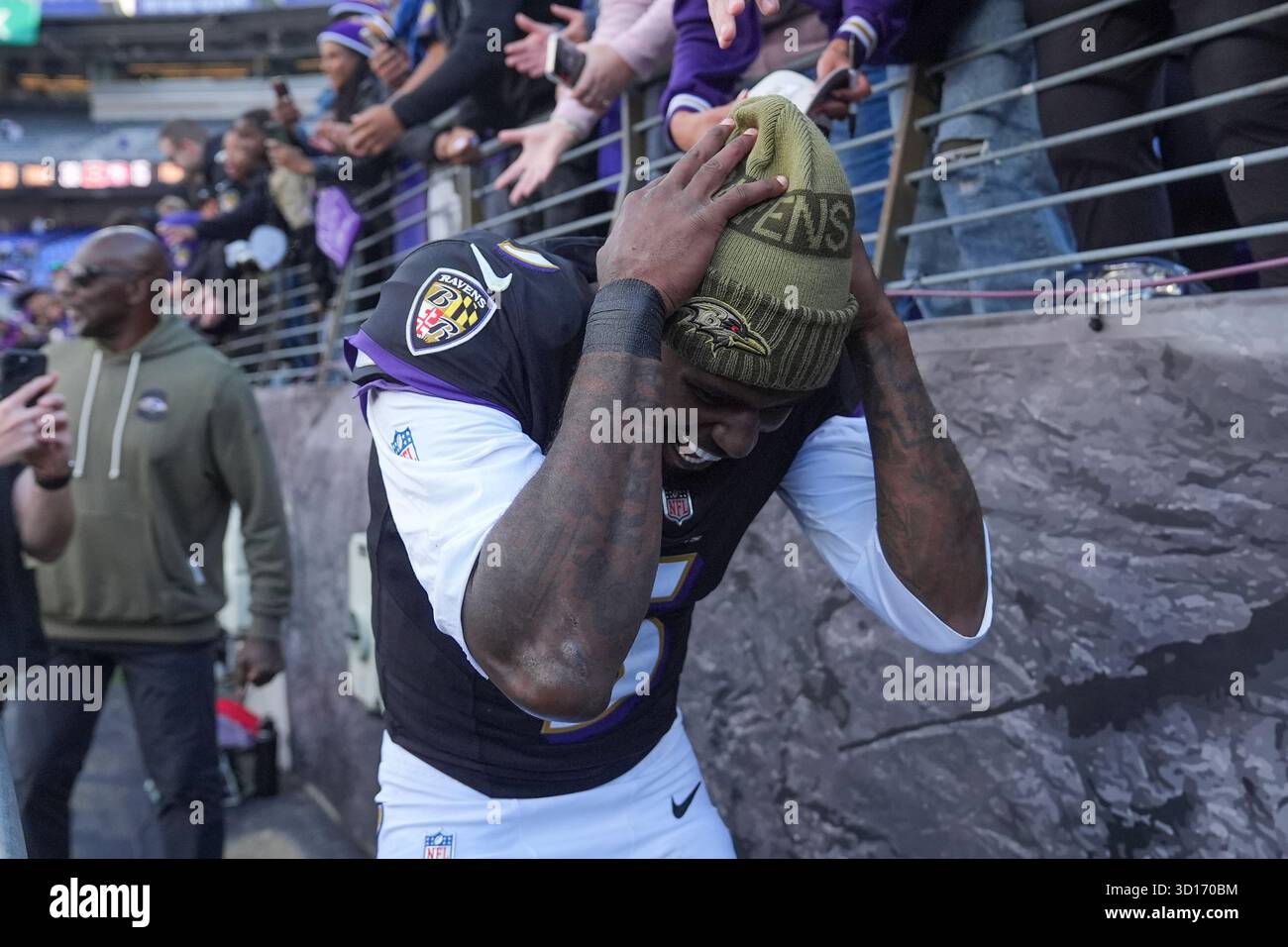 Baltimore Ravens quarterback Tyler Huntley (5) leaves the field after a ...
