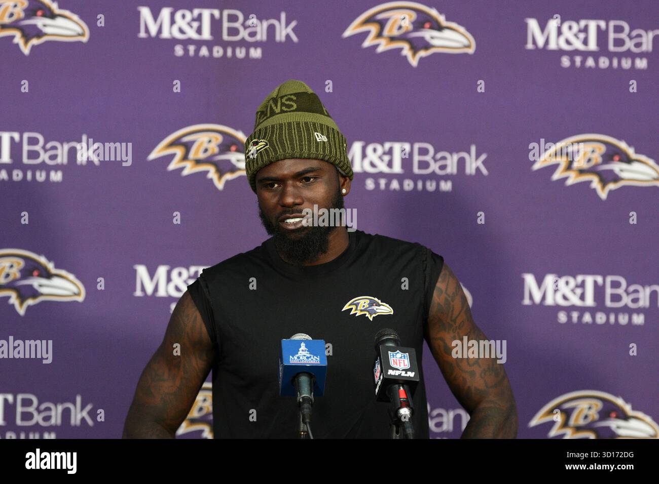 Baltimore Ravens quarterback Tyler Huntley (5) speaks during a press ...