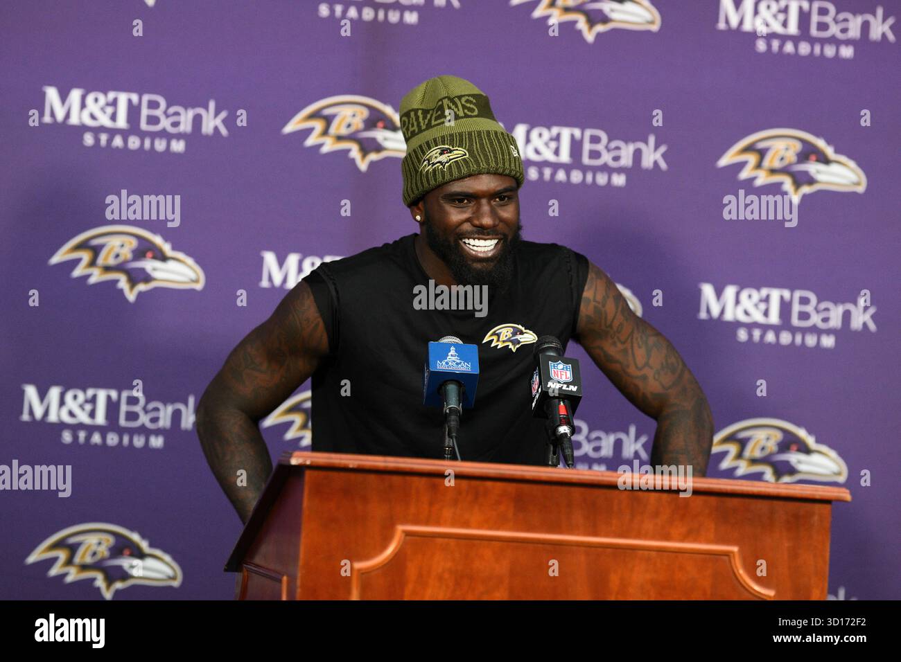 Baltimore Ravens quarterback Tyler Huntley (5) speaks during a press ...