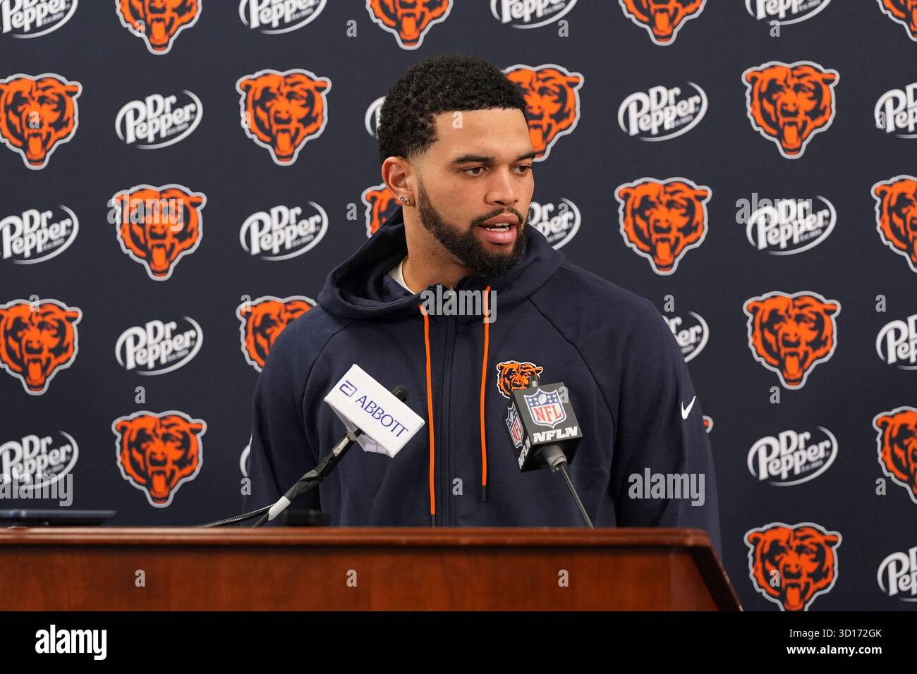 Chicago Bears quarterback Caleb Williams (18) speaks during a press ...