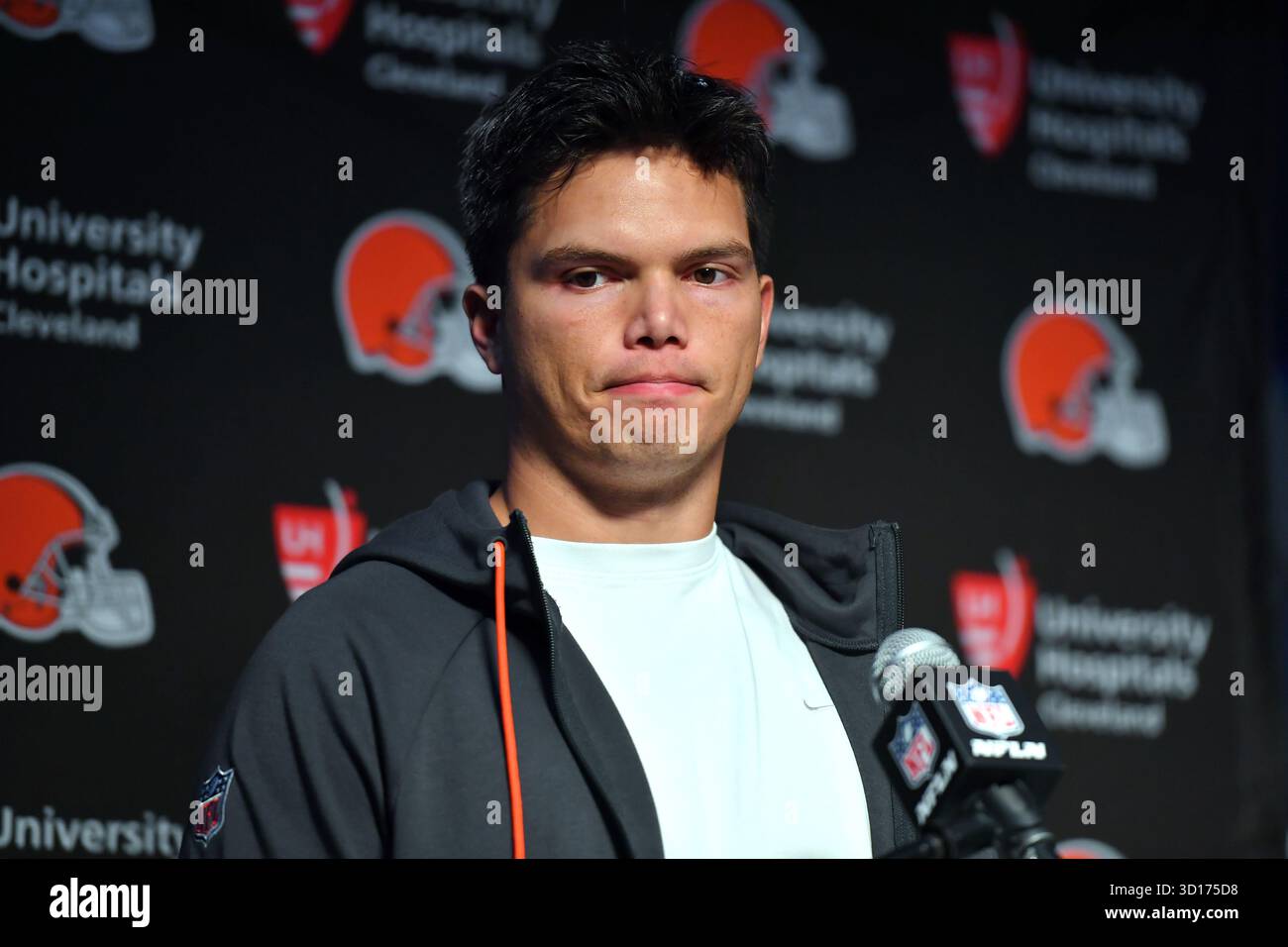 Cleveland Browns quarterback Dillon Gabriel answers questions after an ...