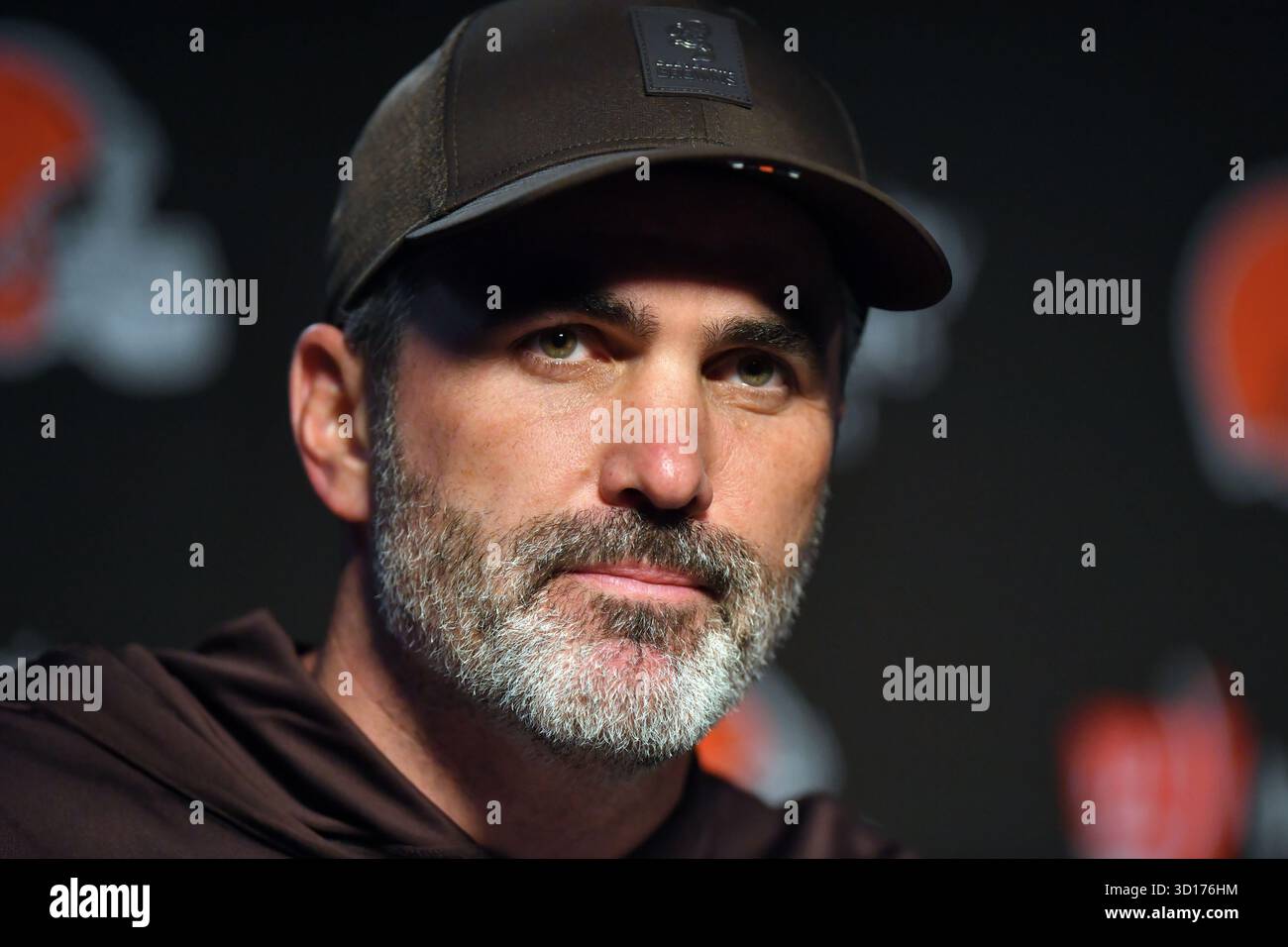 Cleveland Browns head coach Kevin Stefanski answers questions after an ...