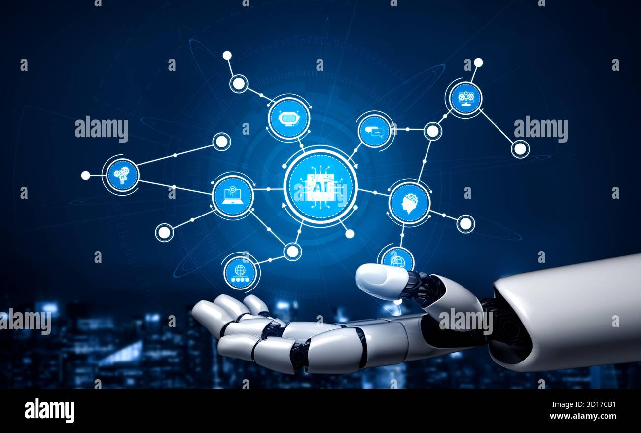 A robotic hand illustrates the interconnected relationships of ...