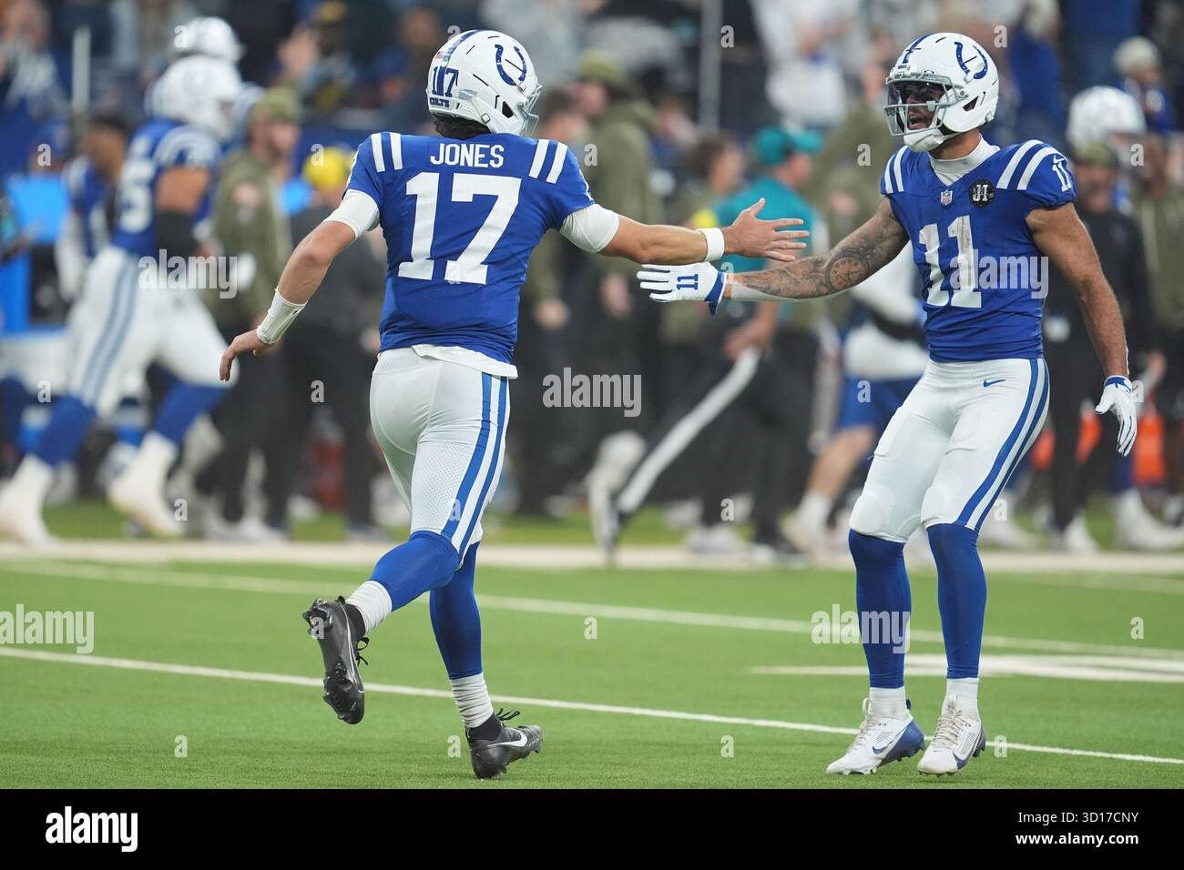 Indianapolis Colts quarterback Daniel Jones (17) and wide receiver ...