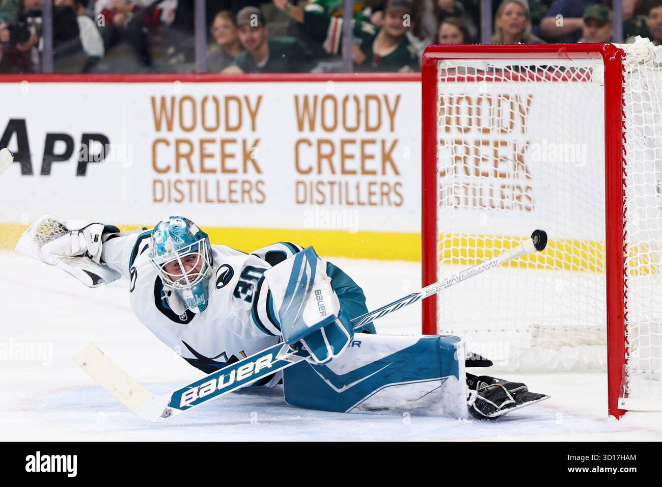 San Jose Sharks goaltender Yaroslav Askarov can't save the puck on a ...