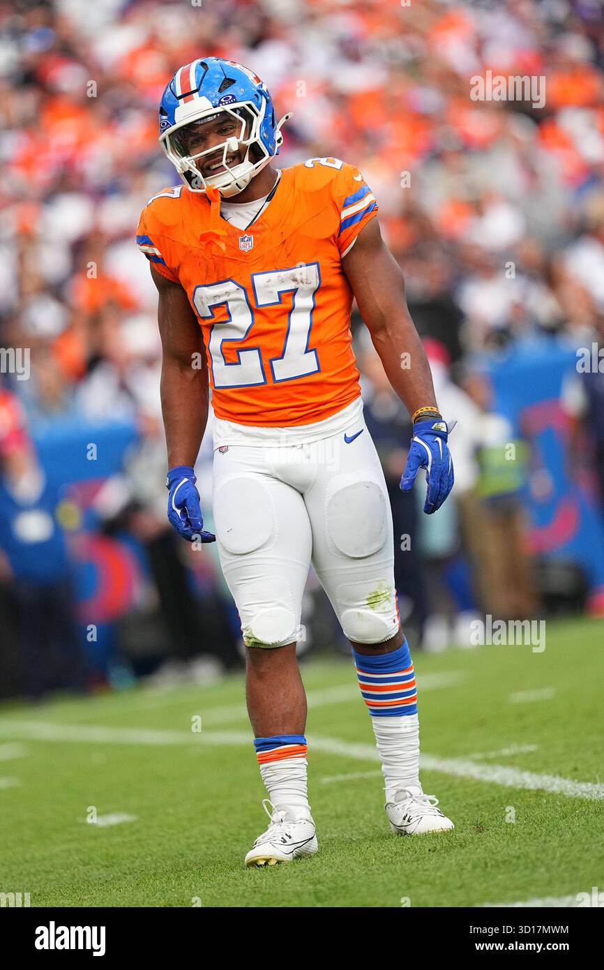 Denver Broncos running back J.K. Dobbins (27) reacts to a play against ...