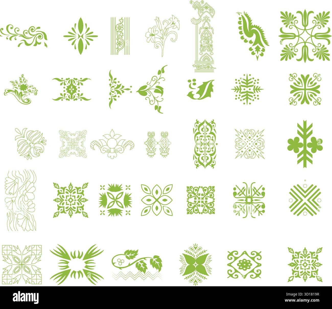 Collection of abstract green geometric floral patterns and ornamental ...