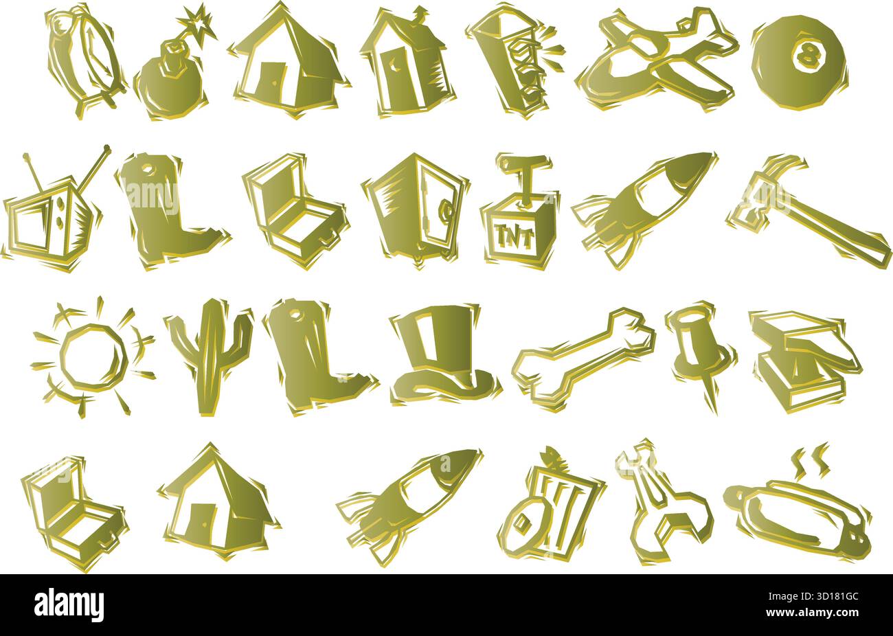 Collection of cartoonish green icons representing various objects and ...