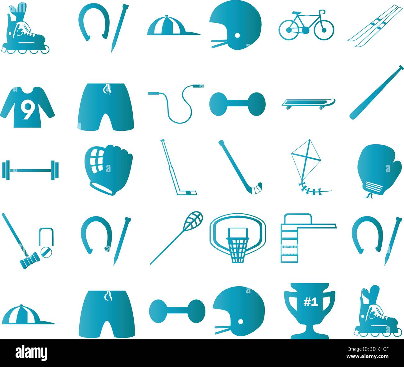 Collection of sports equipment and athletic gear icons in teal on a ...