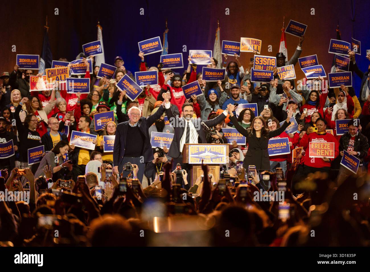 Queens, United States. 26th Oct, 2025. Bernie Sanders, Zohran Mamdani ...