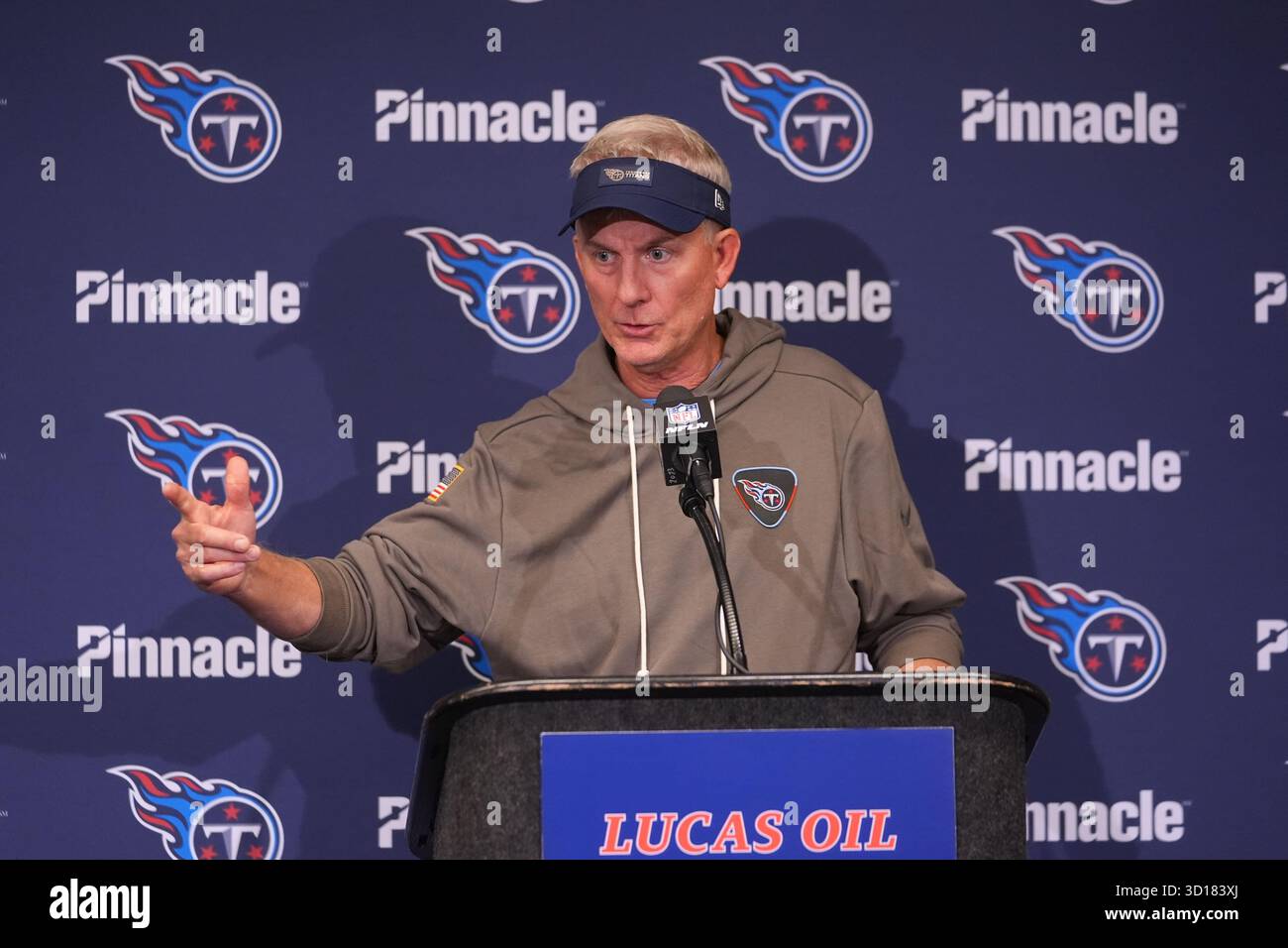 Tennessee Titans interim head coach Mike McCoy speaks during a news conference following a an ...