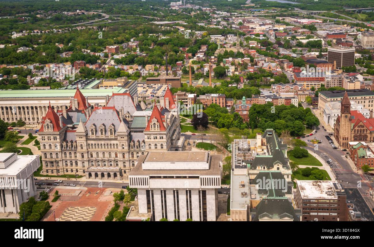 Aerial view of Downtown Albany, New York including the Capitol Building ...