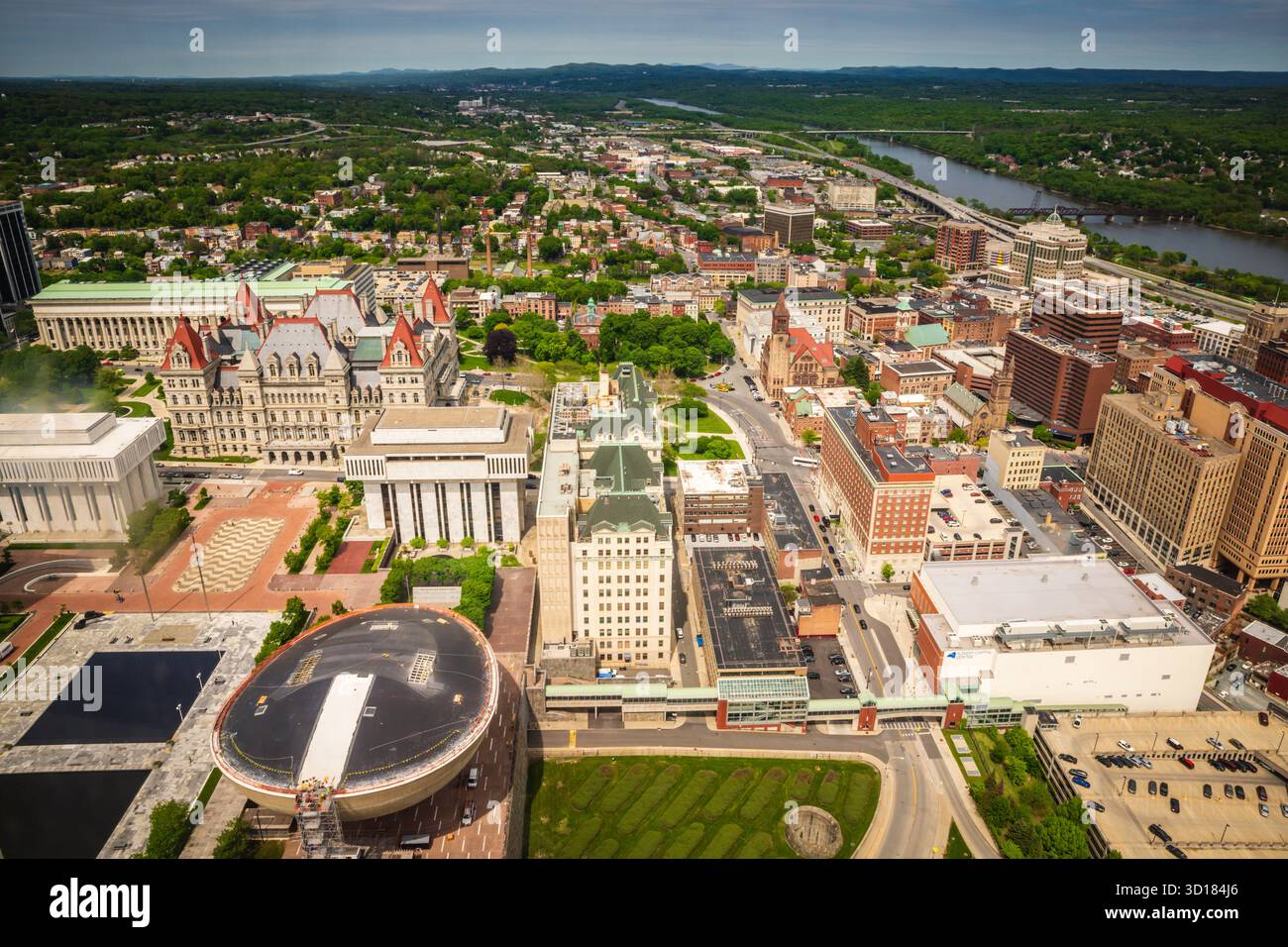 Aerial view of Downtown Albany, New York including the Capitol Building ...