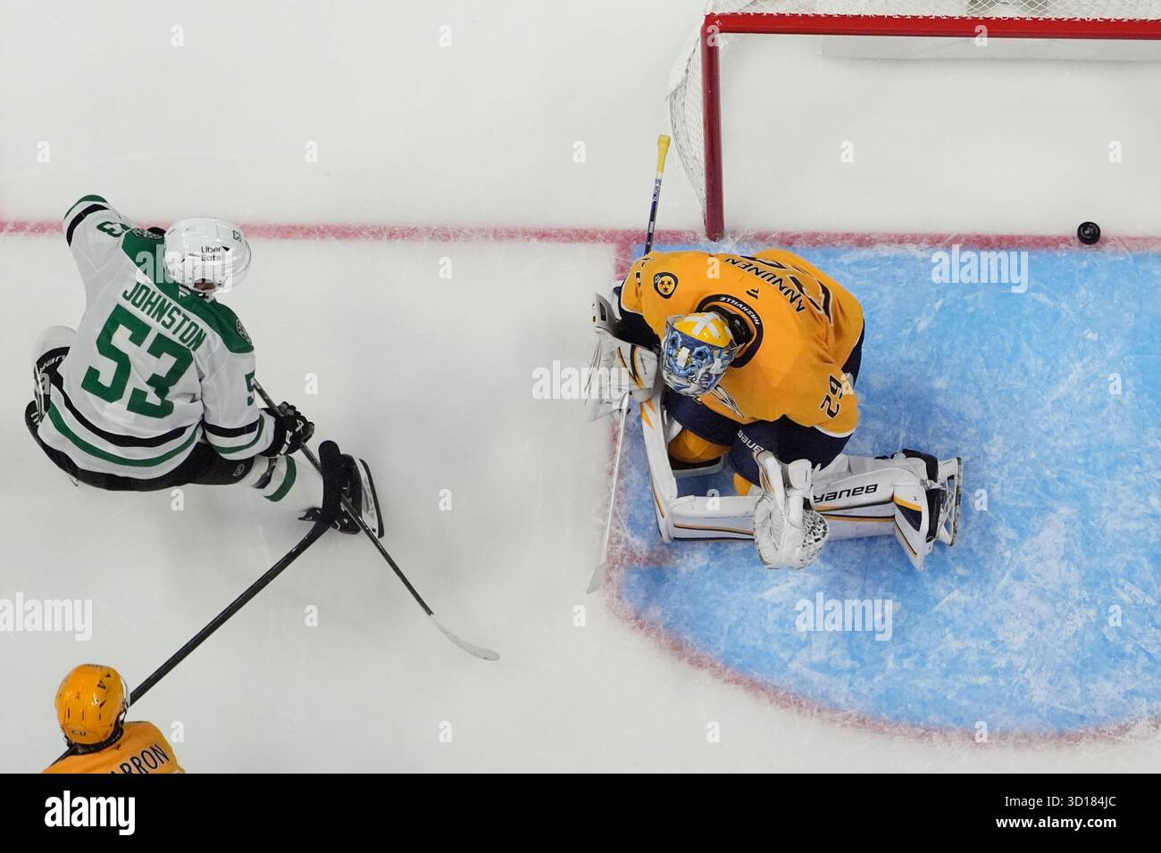 Dallas Stars center Wyatt Johnston (53) scores a goal past Nashville ...