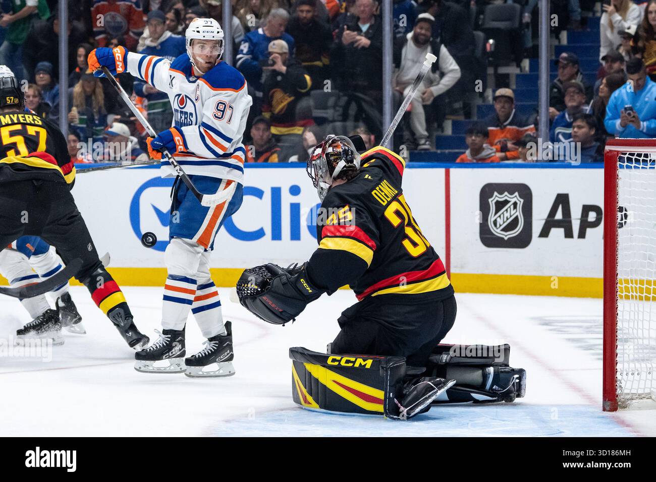Vancouver Canucks goaltender Thatcher Demko (35) stops a tip from ...
