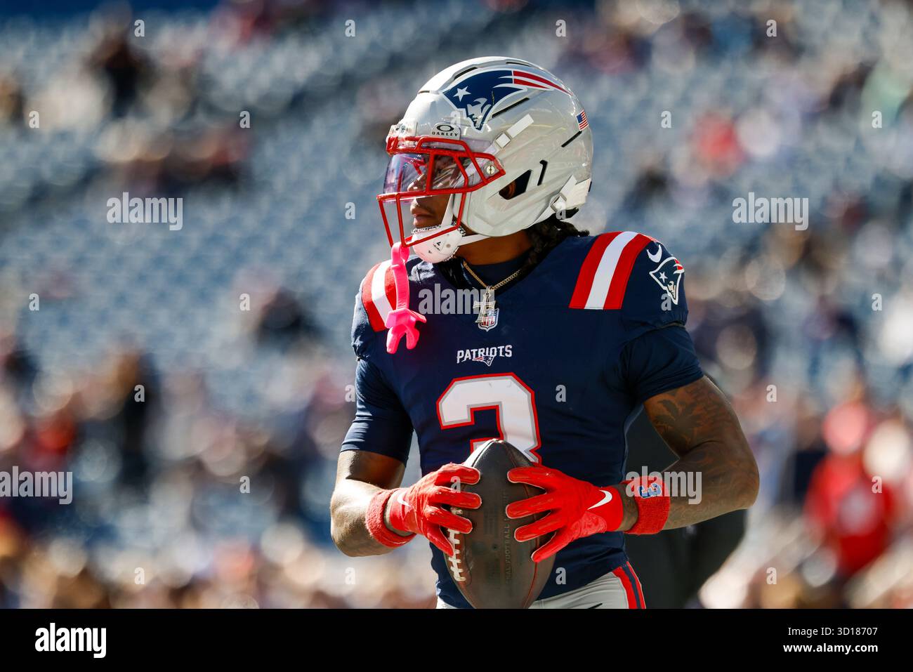 New England Patriots wide receiver DeMario Douglas (3) warms up prior ...