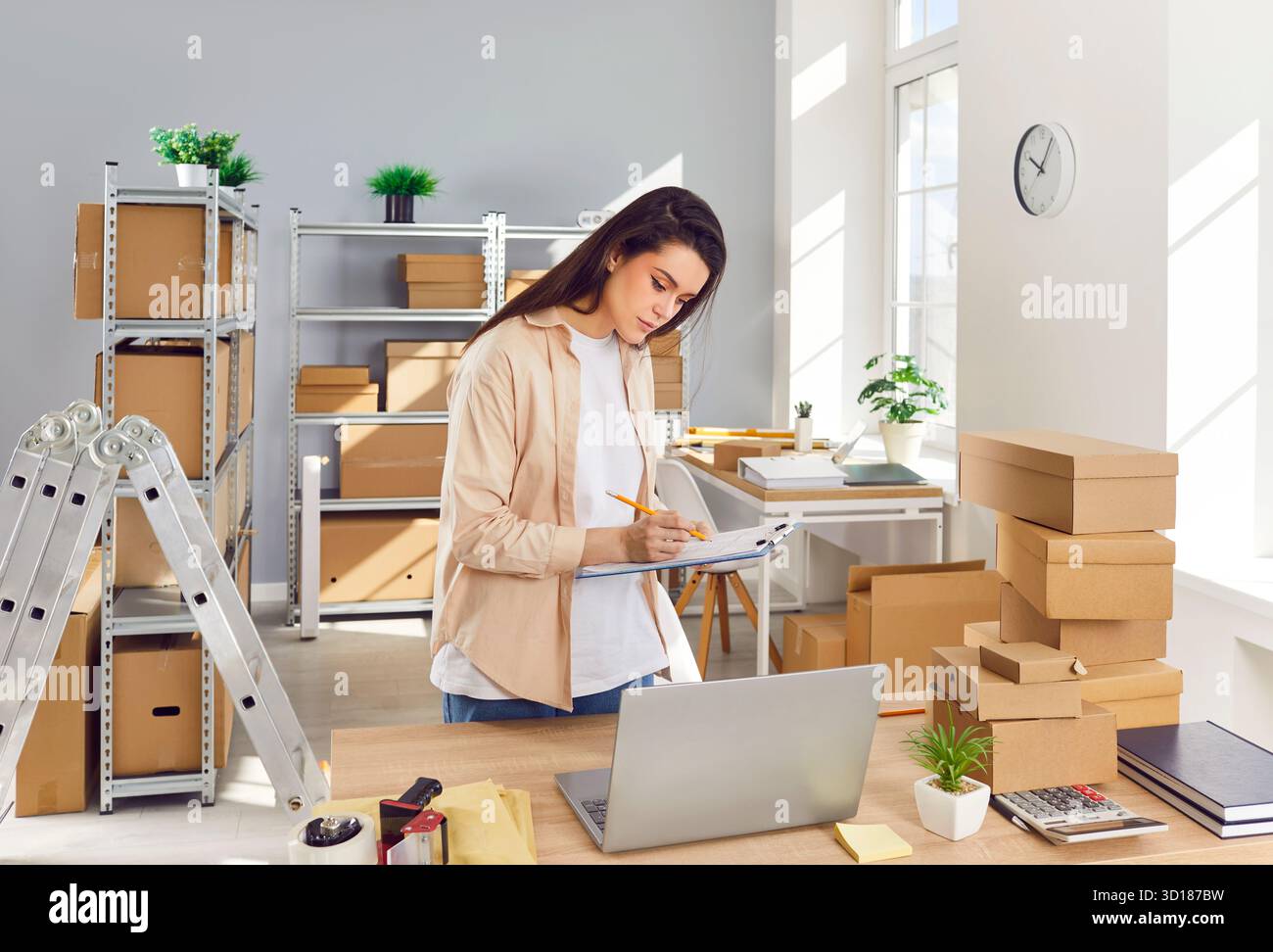 Serious Woman Conducting Warehouse Or Postal Office Parcel Inventory ...