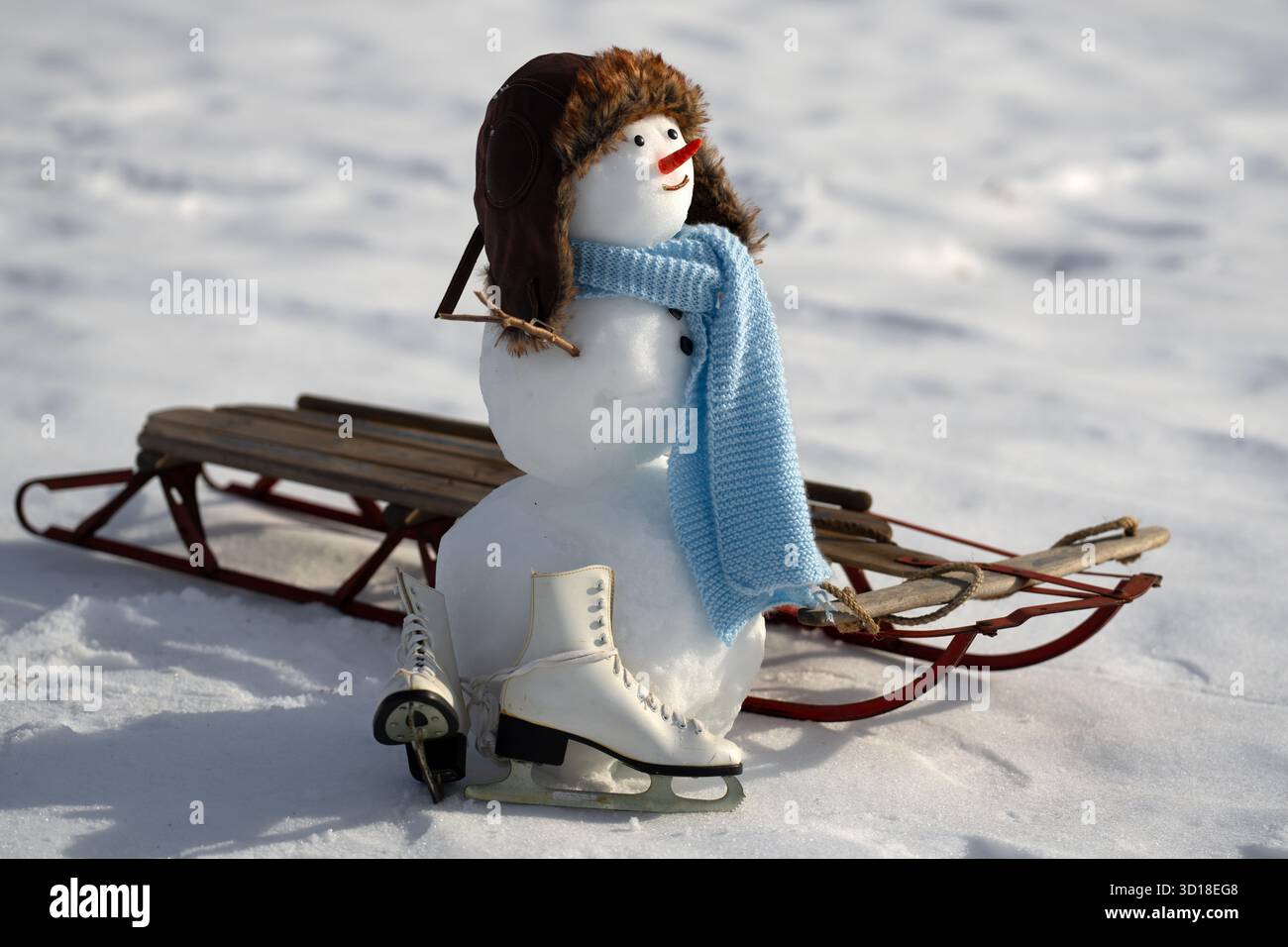 Snowman with scarf and winter hat outdoors. Snow man with carrot nose ...