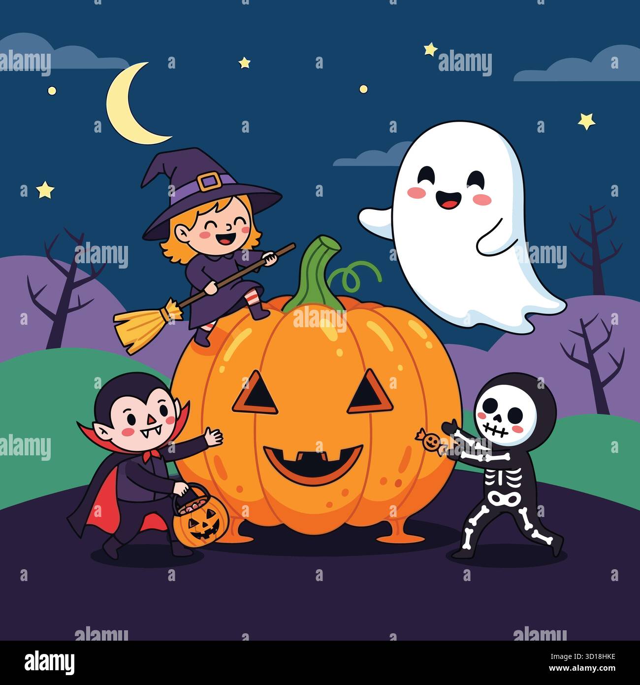 Cute Cartoon Halloween Illustration: Kids in Costumes, Ghost, and Jack ...