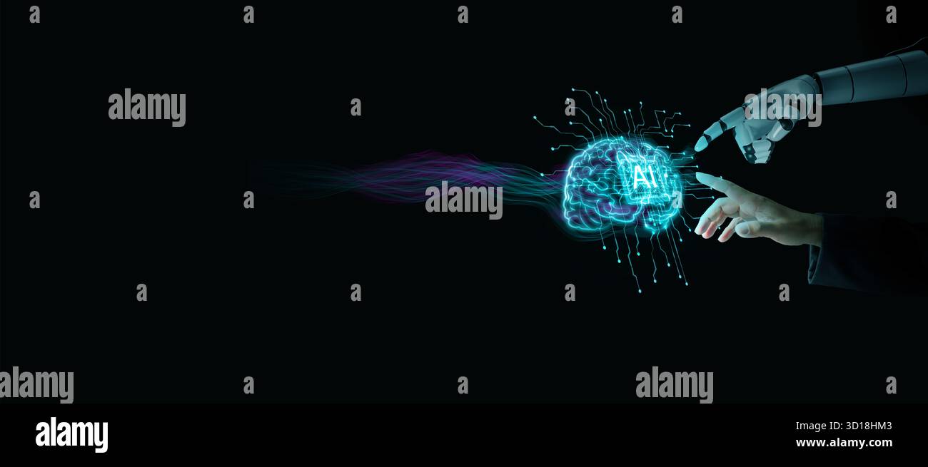 Human hand and robotic arm reaching digital artificial intelligence ...