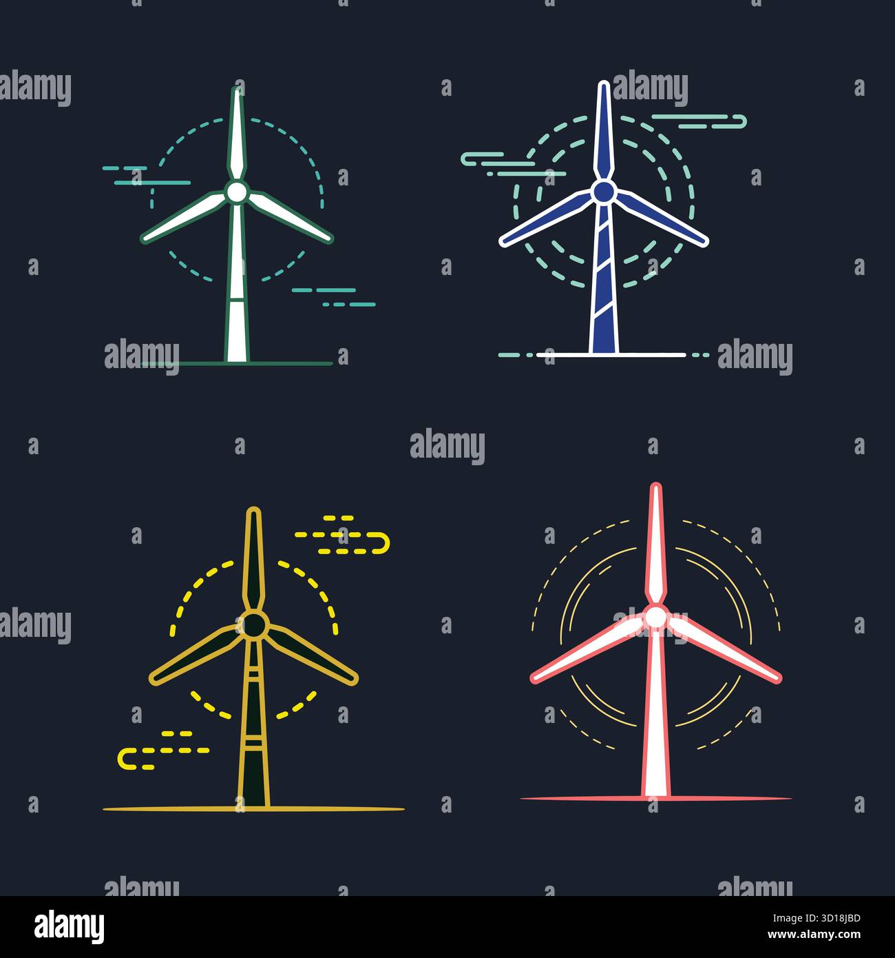 Collection of wind power and renewable energy symbols, glowing line art ...