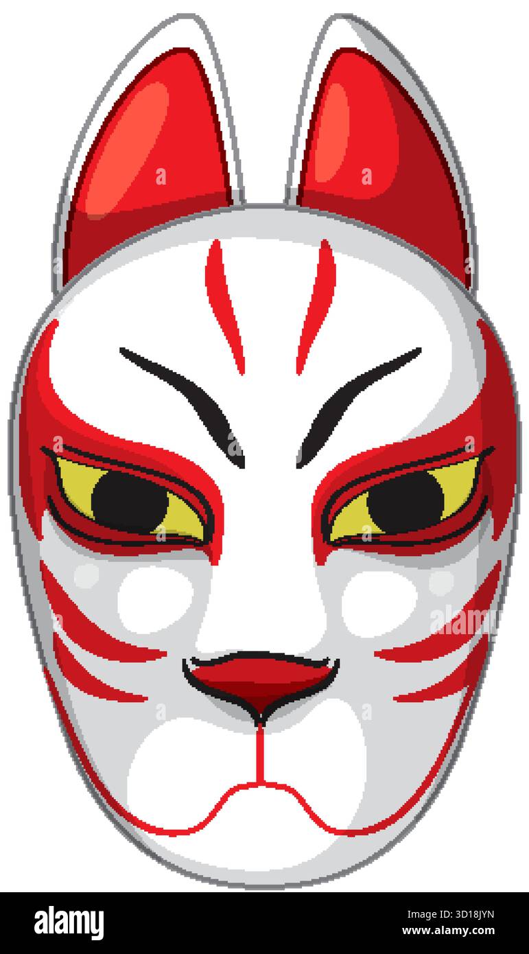 Stylized kitsune fox mask with bold red accents, yellow eyes, and clean ...