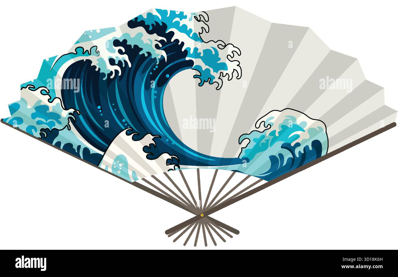 Vector illustration of a traditional folding fan with bold blue ocean ...