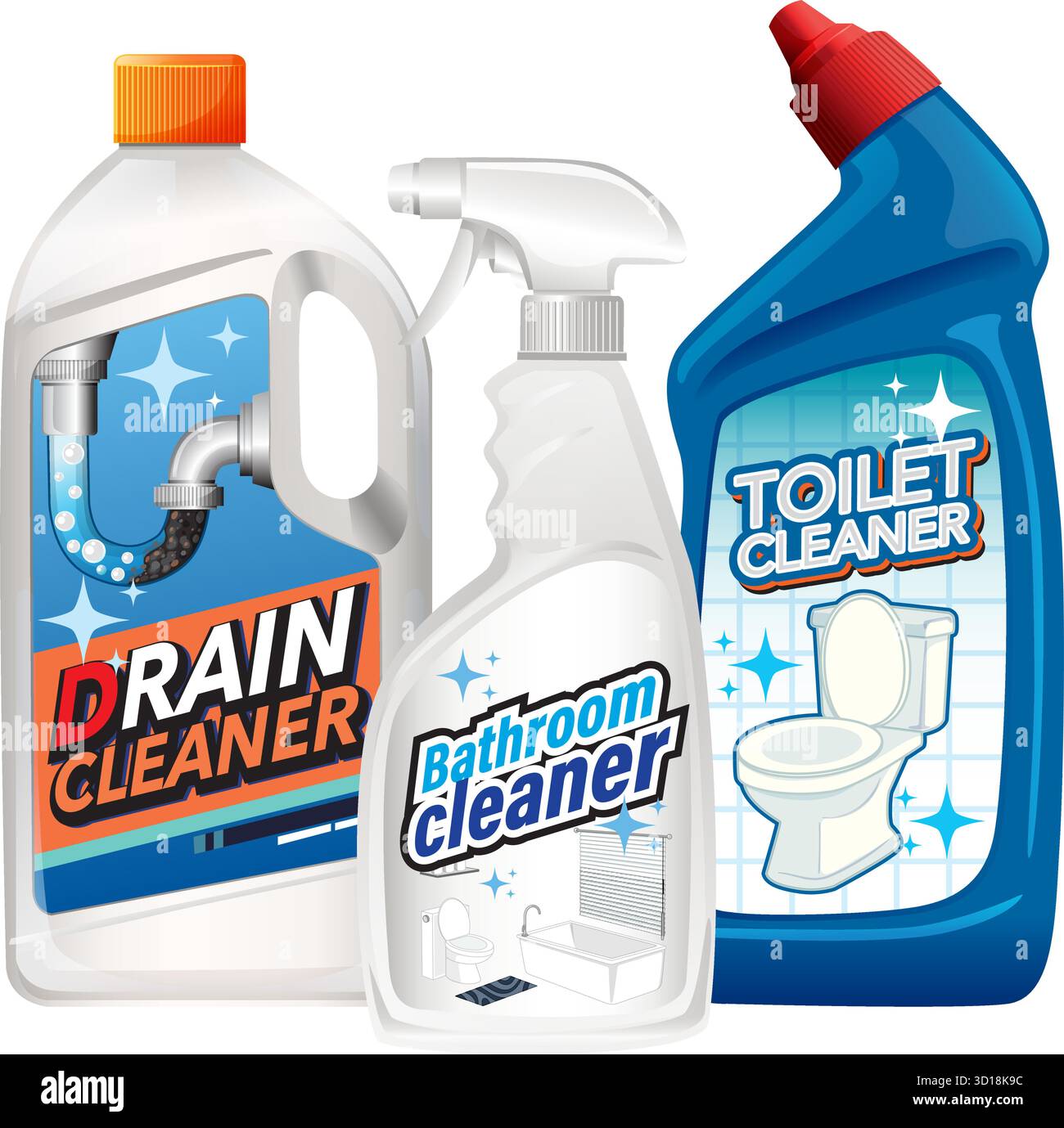 Three cleaning product bottles with bold labels, bright colors, and sparkling highlights ...