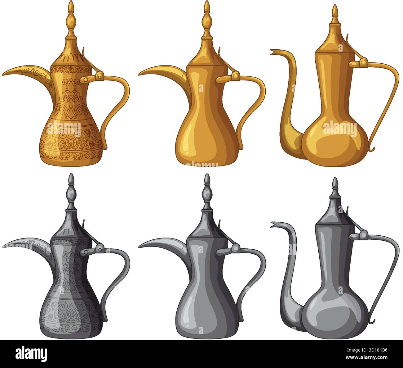 Six ornate Arabic coffee pots, gold and silver, isolated on white ...