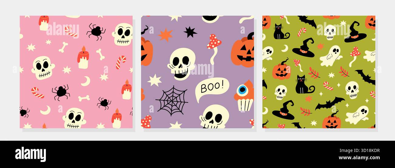 Set of seamless Halloween patterns featuring pumpkins, skulls, ghosts ...