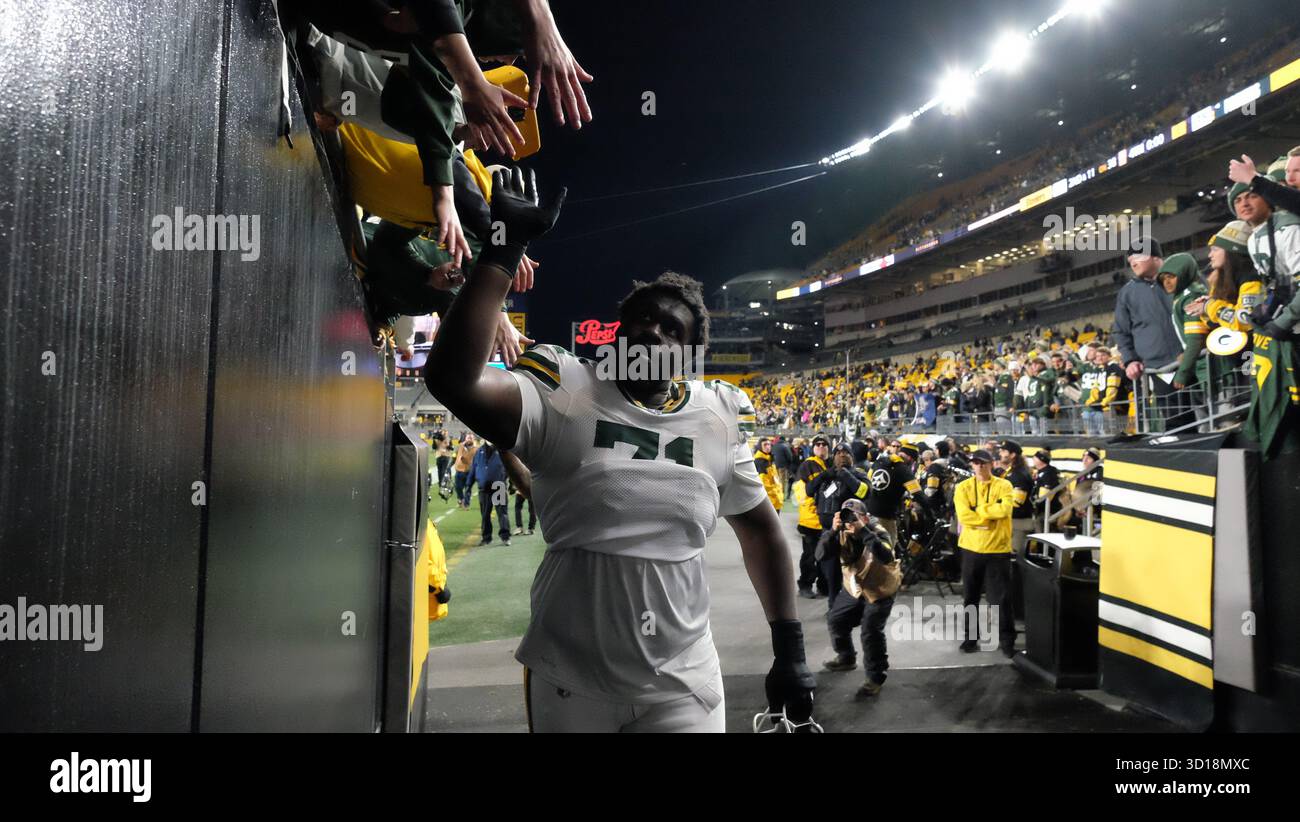 Oct 26, 2025: Anthony Belton #71 during the 2025 Steelers vs Packers ...