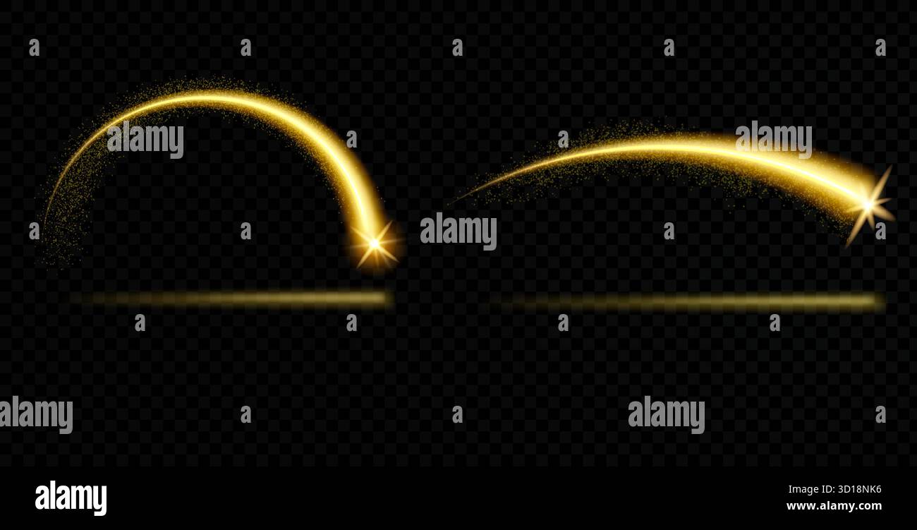 Magic shooting star with an arc and light trail set. Gold stardust ...
