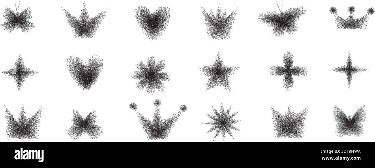 Y2k grounded powder icons set. Crown, flowers and butterfly grain noise ...