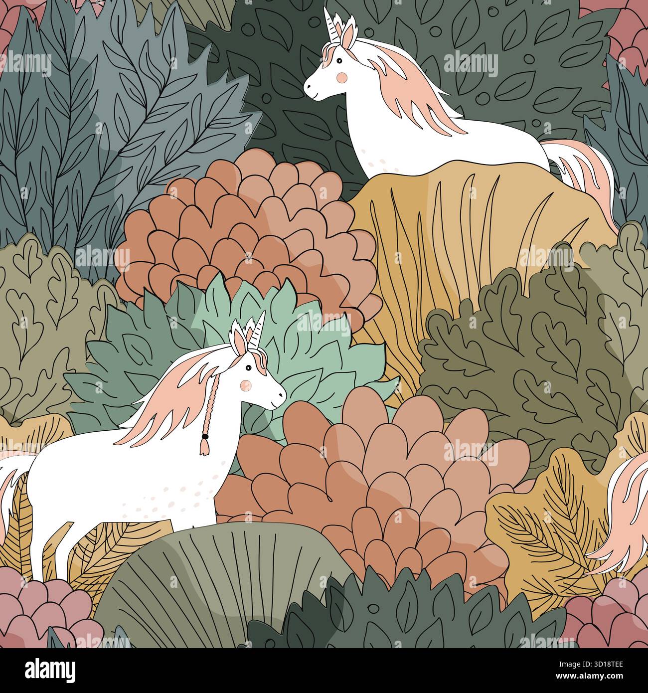 Doodle Autumn hand drawn forest and unicorns seamless pattern. Fairy ...