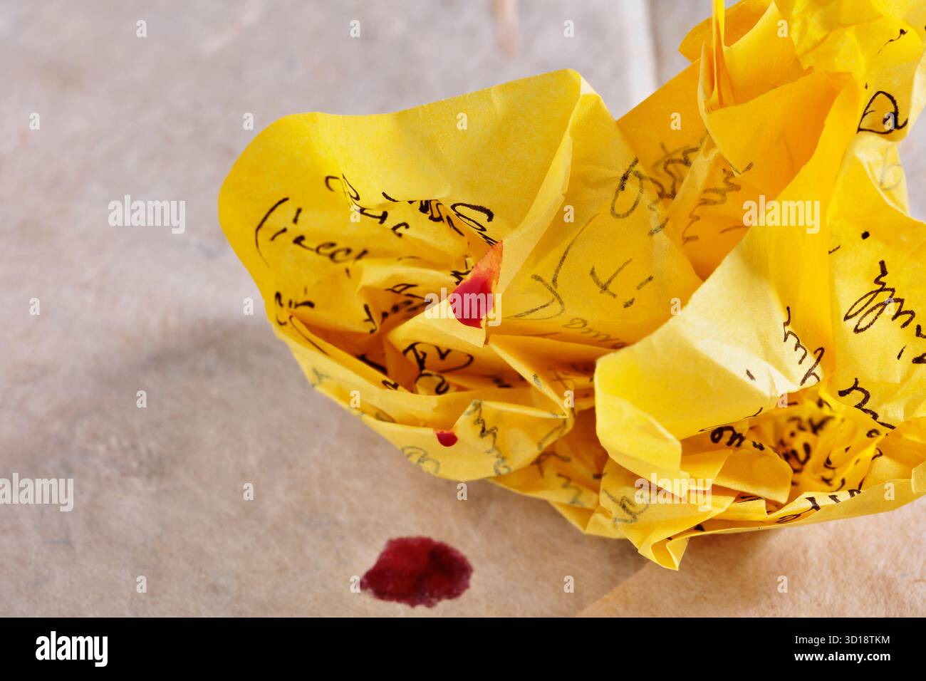 Yellow crumpled letter with blood drops , mystery and damage, red paint ...