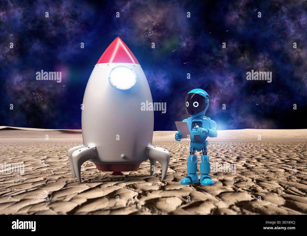 3d rendering artificial intelligence robot with space shuttle on planet ...