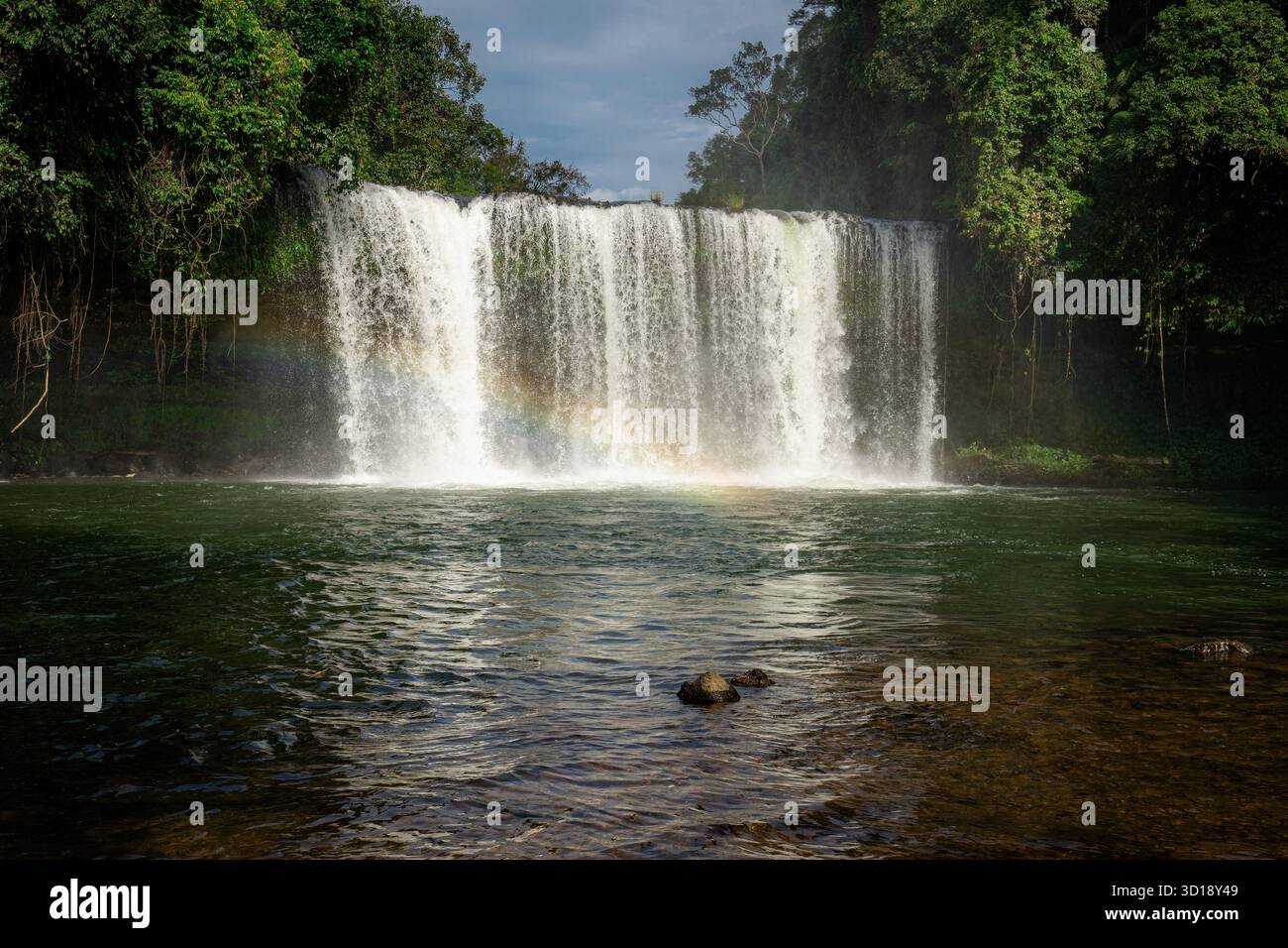 Champee Waterfall with Rainbow and Cave, Lush Rainforest, Southern Laos ...
