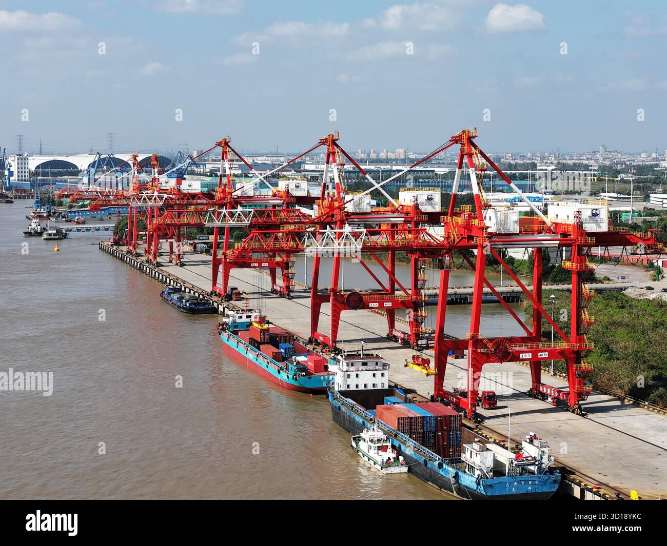 Aerial photo shows the busy container terminal at Yangzhou Port in ...