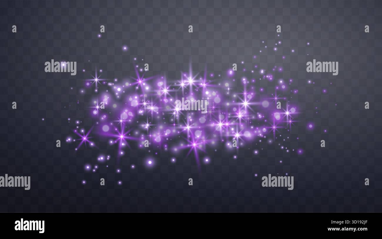 Purple magic sparks and dust stars. Purple glow flare light effect ...