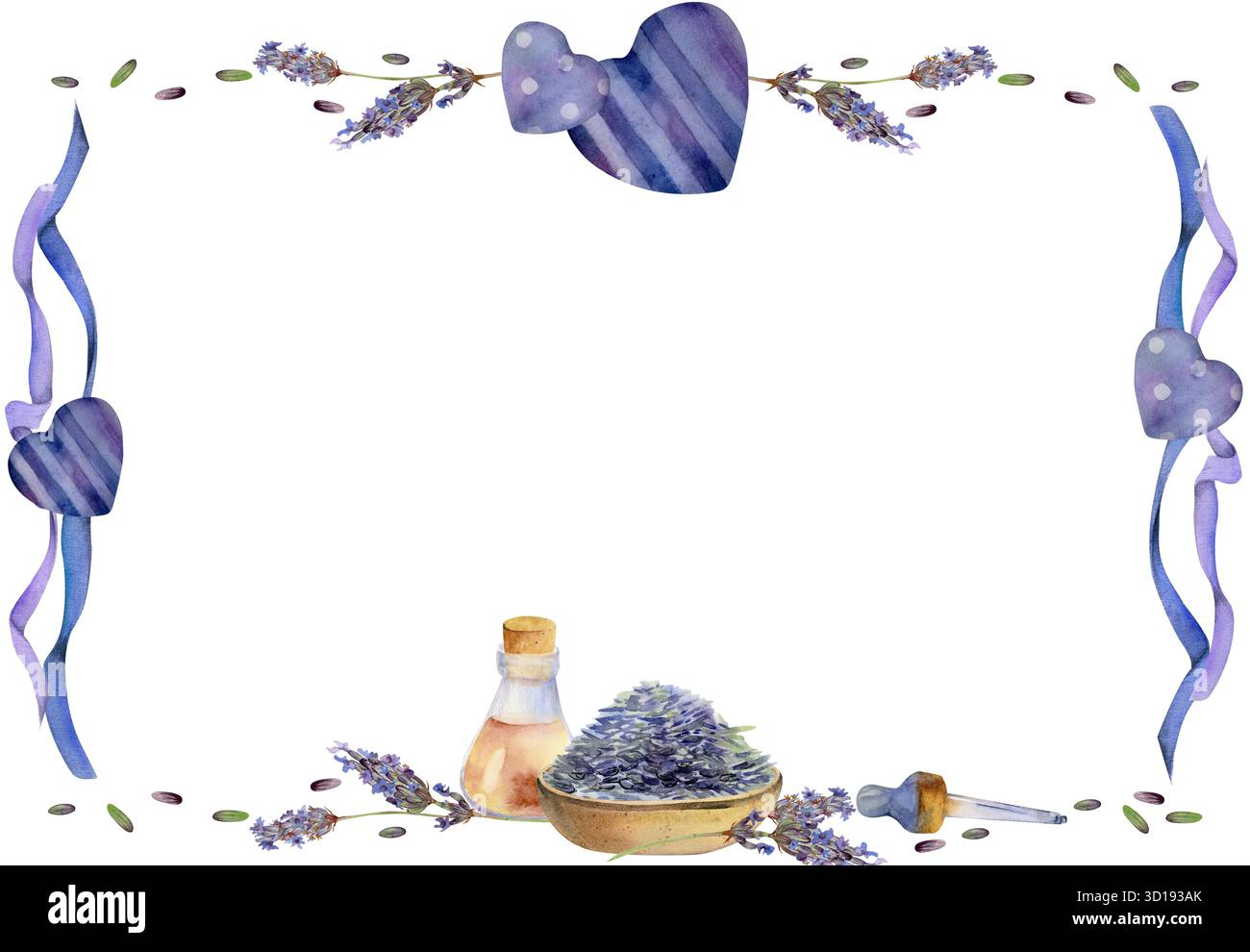 Bowl of lavender seeds, hearts, essential oil glass vial, pipette ...