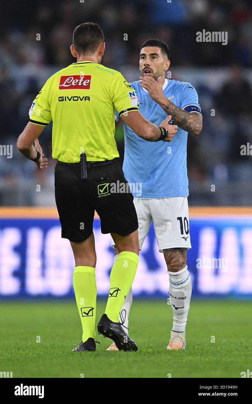 Referee Andrea Colombo and Mattia Zaccagni of S.S. Lazio participates ...